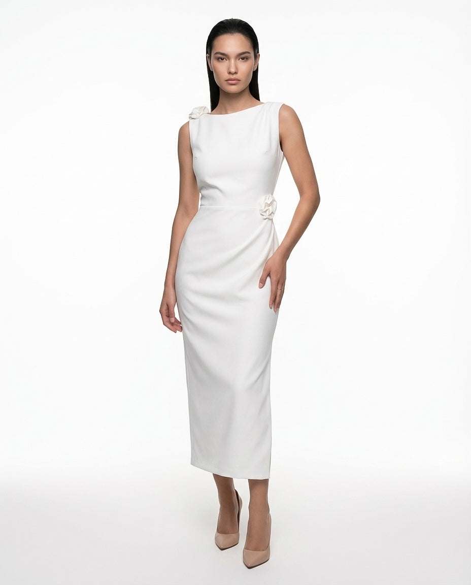 Rochie alba midi fără mâneci siluetă ajustată, design elegant – LARIETTE